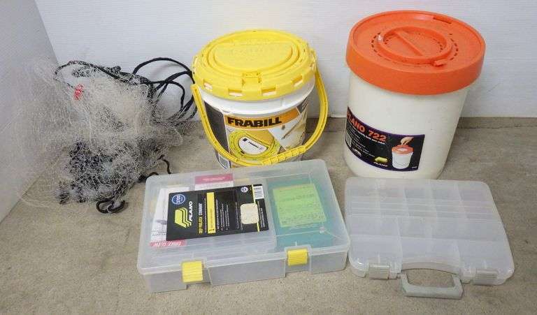 (2) Minnow/bait buckets, like new, never used; (4) Containers of lures ...