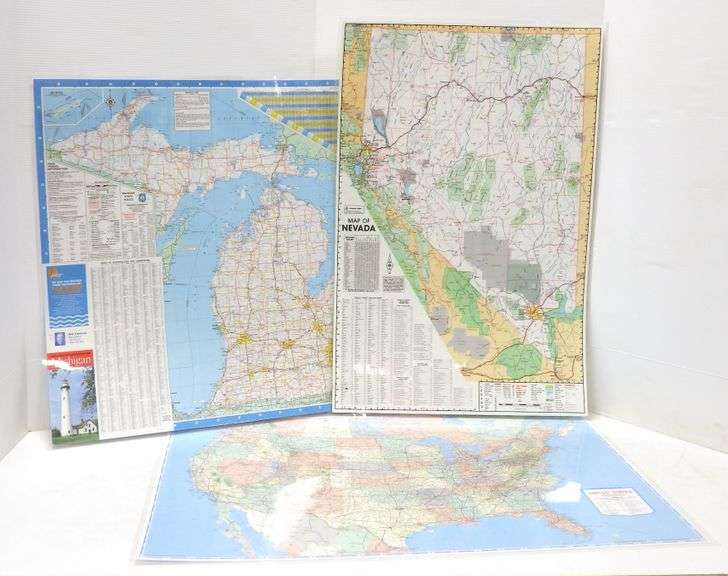 (3) Large laminated road map posters, includes: United States, Michigan ...