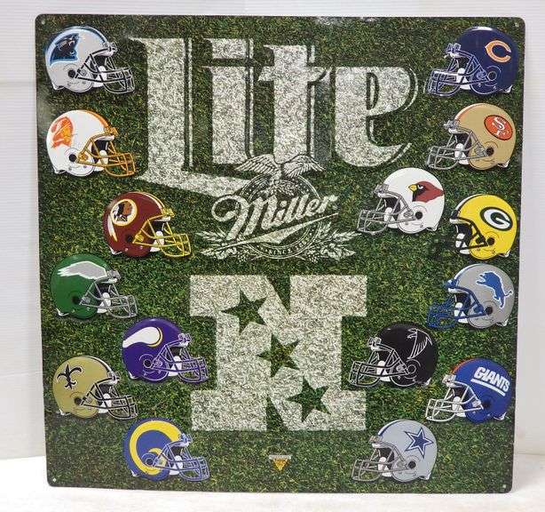 Older NFL Miller Lite metal sign with National League helmets, 30"W x ...