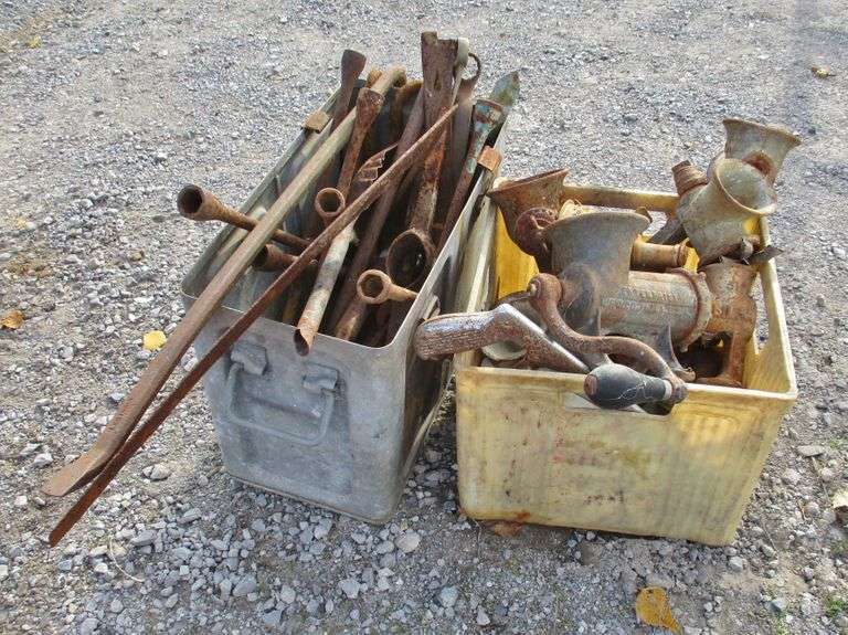 Various farm tools and food processing appliances, rusty, for parts or ...