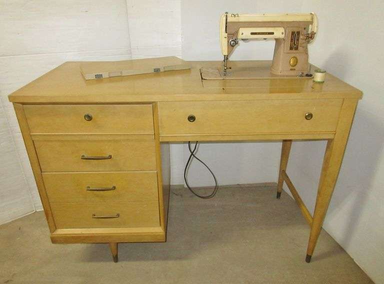 Mid-Century Modern Singer sewing machine and cabinet, cabinet- 43 1/2"W ...