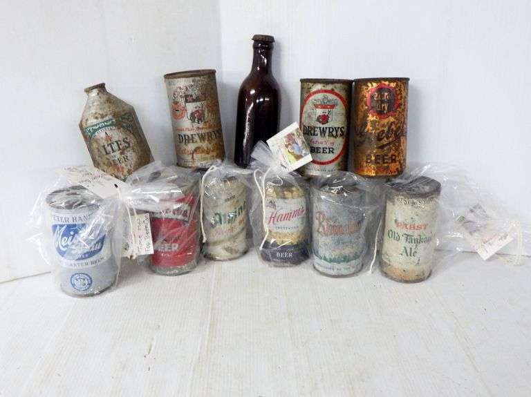 (10) Antique collectible beer cans, and a beer bottle, 1- can is a cone ...