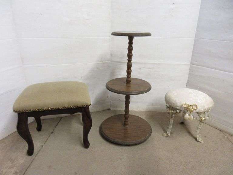 3-Tiered wooden stand, 27"H; (2) Foot stools: 1- Wooden with beige ...