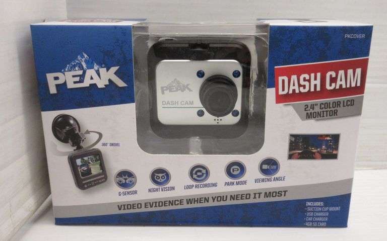 Peak dash cam, 2.4" color LED monitor, includes USB, car charger, and ...