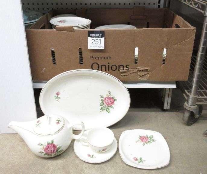 Set of rose pattern dishes, includes: Platter, teapot, (12) dinner ...