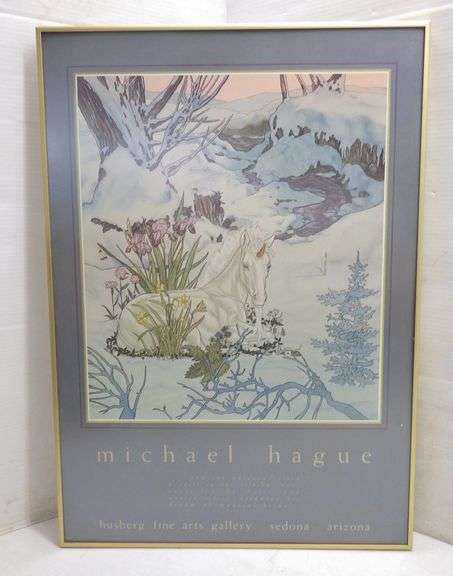 Vintage Michael Hague Unicorn Art, professionally framed, approx. 20"W ...