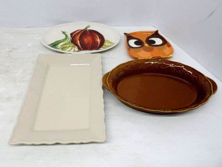 (4) Platters/Dishes, includes: 1- Cream color platter, home; 1- Owl ...