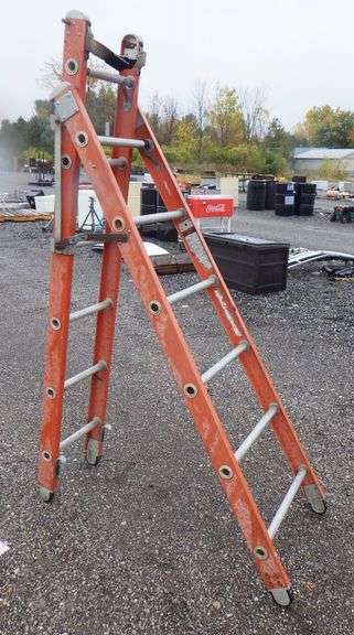 A-Frame adjustable extension fiberglass ladder, extends to 111"L or 6 ...