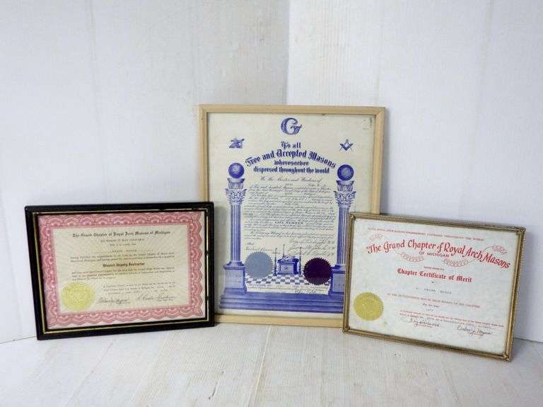 Group of 1960's and 1970's Masonic Certificates, largest frame- 12" x ...