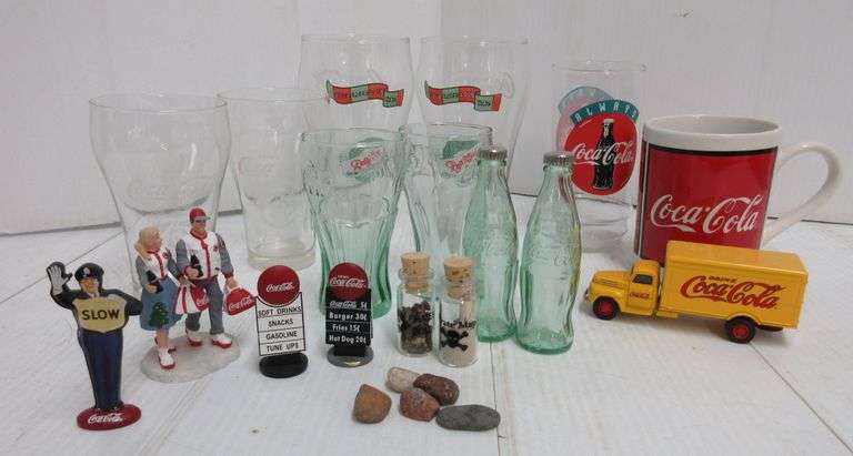 Coca-Cola memorabilia, includes: (7) Coca-Cola glasses, coffee cup, toy ...