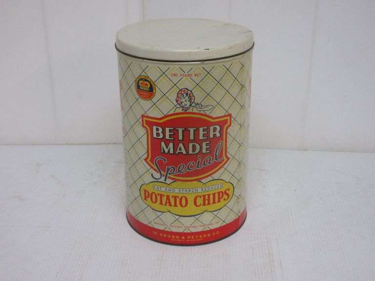 Old Better Made potato chips can, 7 3/4"W x 11 1/4"H - Albrecht Auction ...