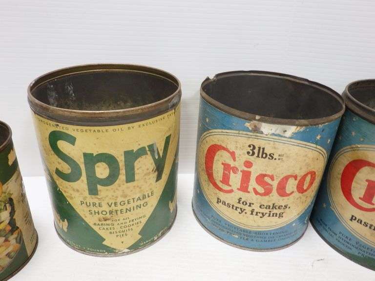 (6) Paper Label Tins, includes: Four Vegetable, and Two Crisco and Spry ...
