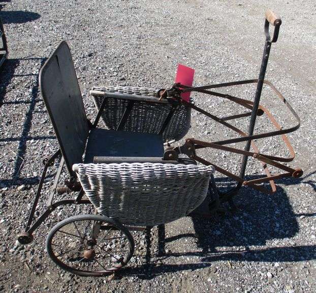 Antique folding baby stroller 10"H wheels, for decoration or repurpose ...