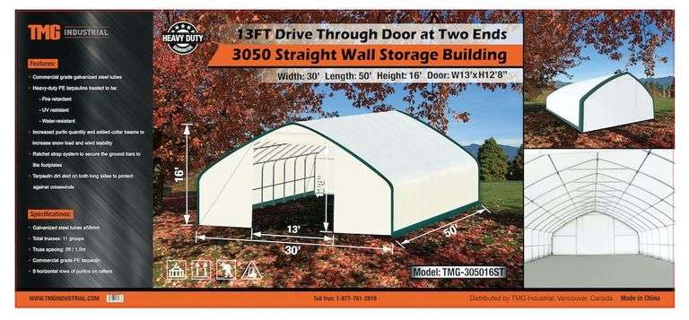 30' x 50' Straight wall storage shelter with 13' drive-through door at ...