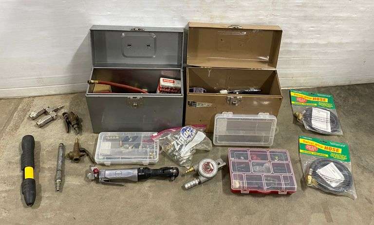 (2) Steel boxes with air ratchet, Air compressor fittings, Tire valves ...