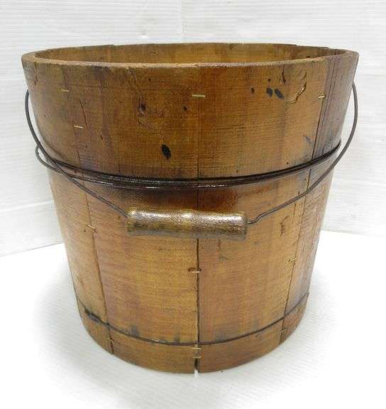 Old wooden pail with advertisement, finish put on top, 12"Dia x 11"H ...