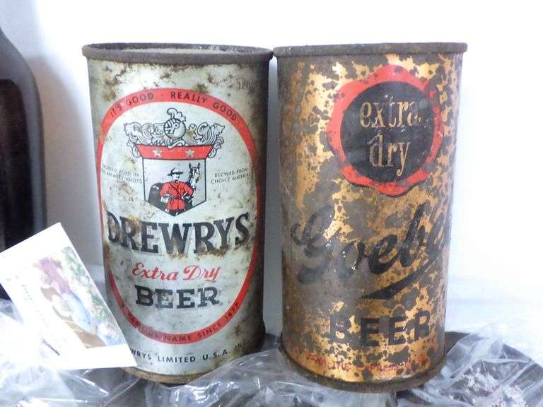 (10) Antique collectible beer cans, and a beer bottle, 1- can is a cone ...
