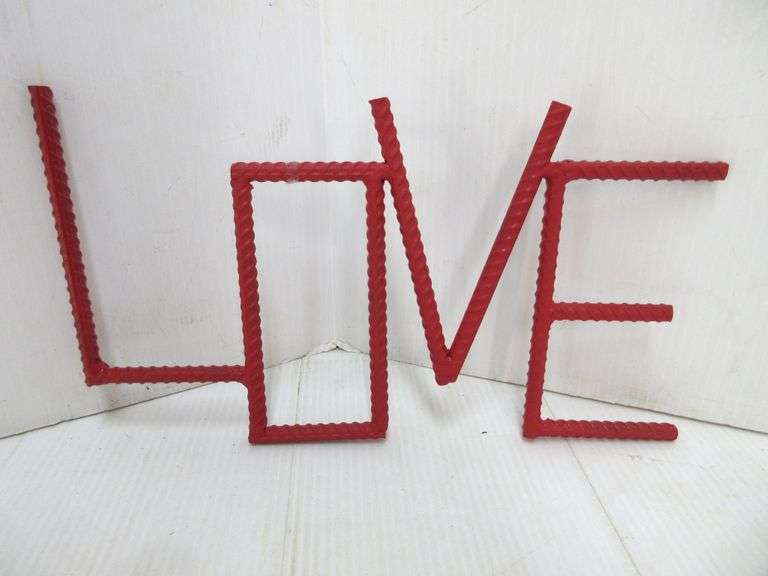 Hand made sign made out of rebar, red lettering spells "Love", 13"W ...