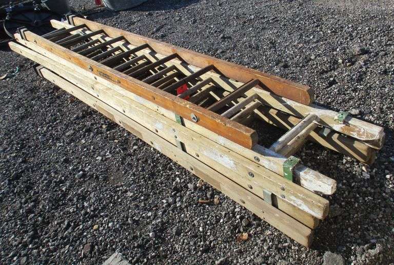 8' Wooden ladder, 16' Wooden extension ladder, and a 20' Wooden ...