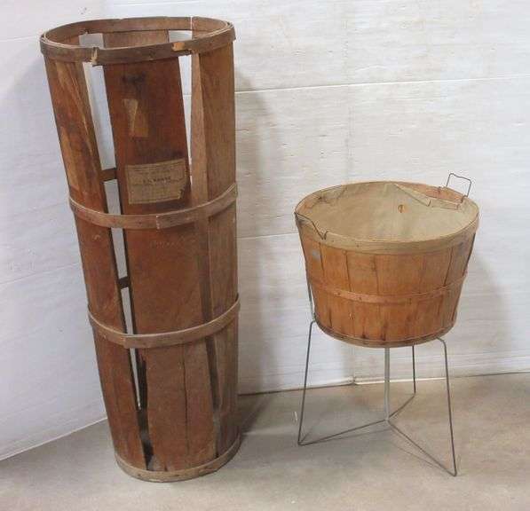 Antique large wooden flower basket, 18"W x 44"H; Bushel basket on metal ...