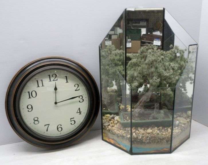Large terrarium with fake plants and rocks; Wall clock, 16 1/2"Dia ...