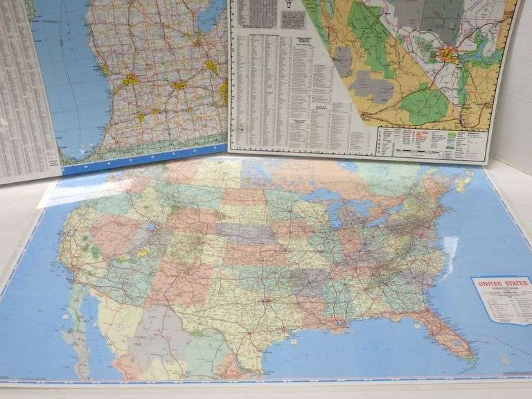 (3) Large laminated road map posters, includes: United States, Michigan ...