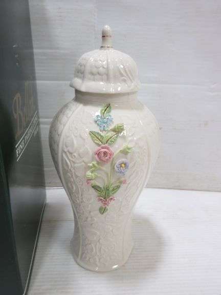 Belleek vase with lid, Millenium Collection, peacock floral design, 6"W ...