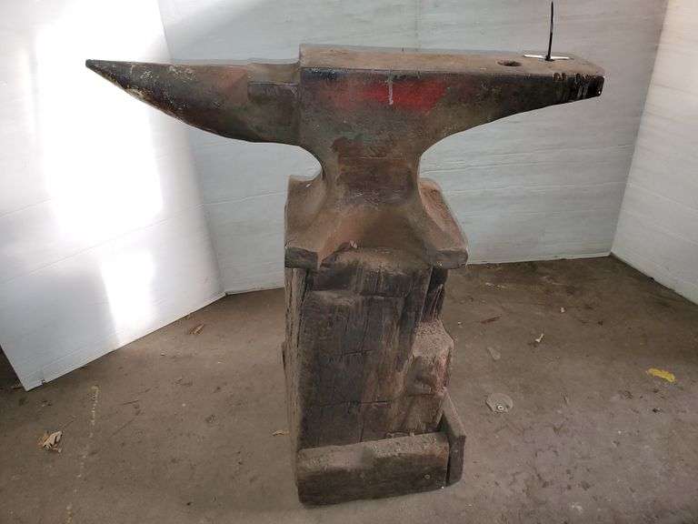 Old Anvil on Wood Post, Very Heavy, 29" Long, Base of Anvil is 10" x 11 ...