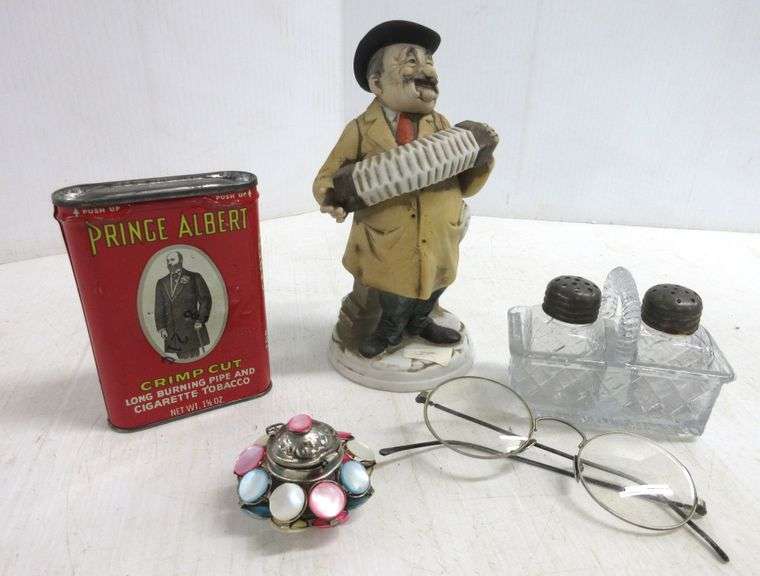 Prince Albert can statue; Antique pill box; Antique salt and pepper ...