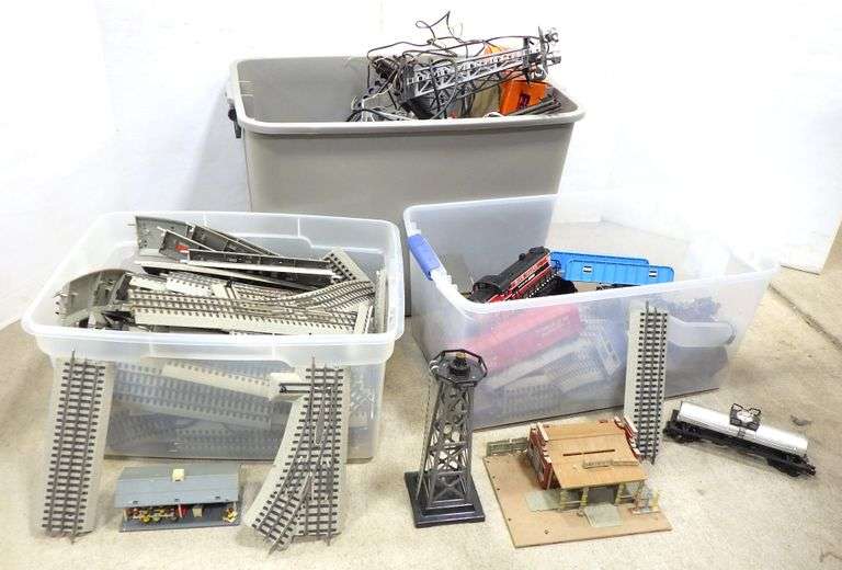 (3) Tubs of train items, includes: Tracks, buildings, trains, water ...