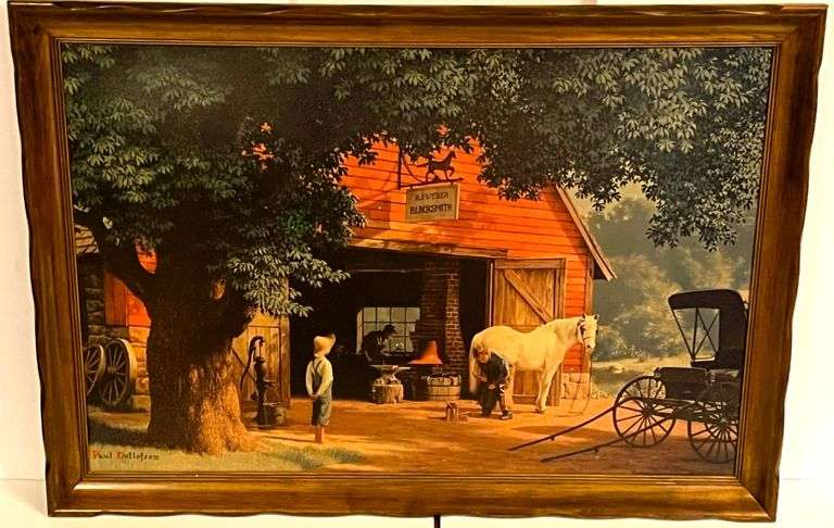 Large 1960s Paul Detlefsen "Horse and Buggy Days" wood framed art print ...