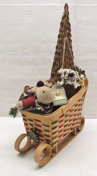 Handmade woven sleigh basket, 13"W x 7"D x 10"H; Rustic tree of twigs ...