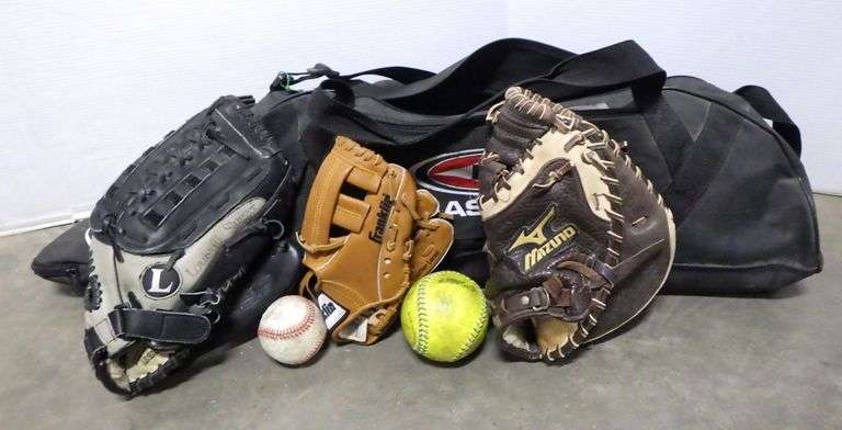 Baseball carrying case and items, includes: (5) Baseballs, (5) Gloves ...