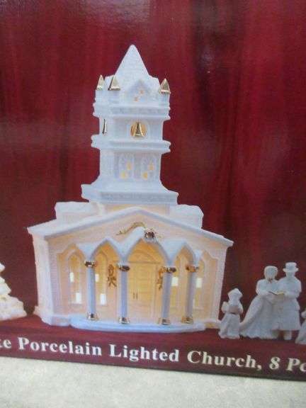 White porcelain lighted church eightpiece set, Includes: 5- Figurines ...