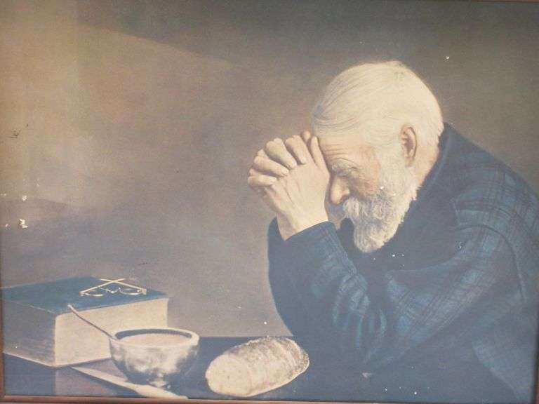 Classic print, old man praying over bread, in frame size 24"W x 18 1/2 ...