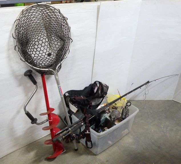 Ice auger, Worm box, Ice fishing pole, (2) Adult fishing poles, Fish ...