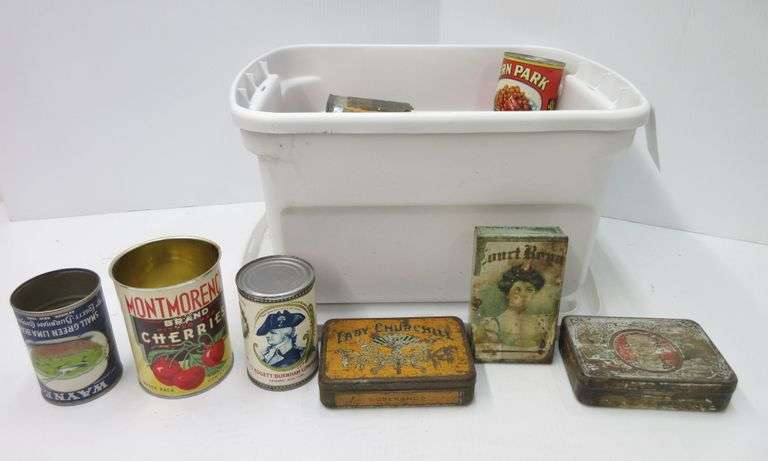 Collection of older tins and cans, includes tote with lid, tote- 15"W x ...