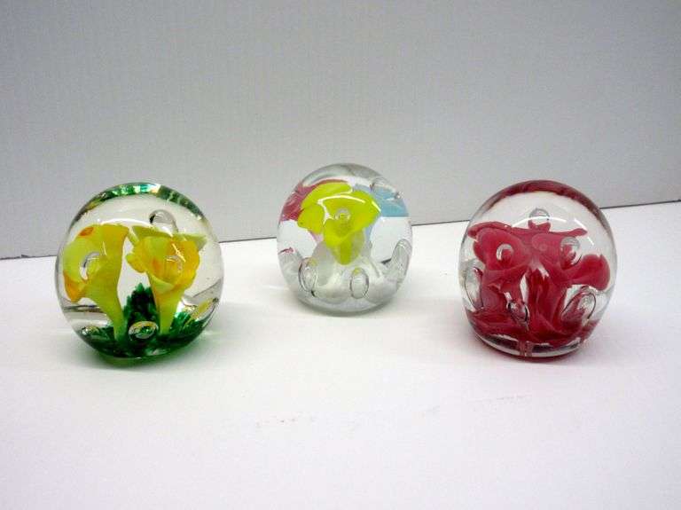 (3) Older Joe St. Clair glass flower paperweights, 2 1/2"H, in very ...