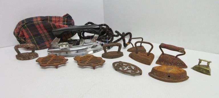 (7) Antique toy irons with 3-trivets and vintage travel iron, heavy ...