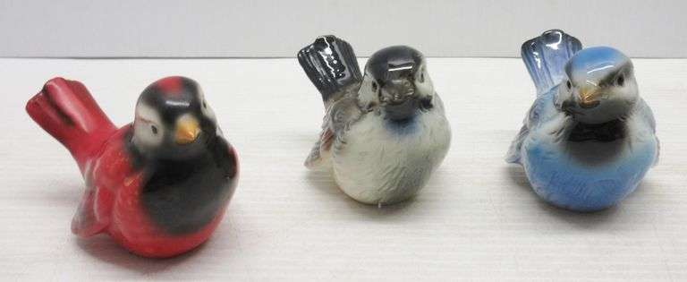 (3) Older Goebel bird figurines in red, blue, and brown tones, marked ...