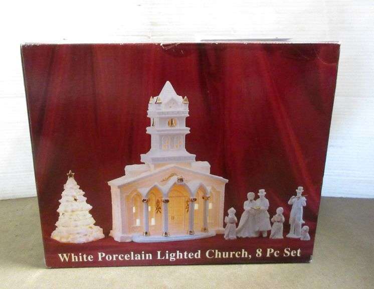 White porcelain lighted church eightpiece set, Includes: 5- Figurines ...