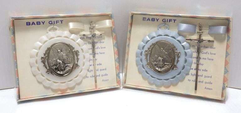 (2) Older guardian angel baby gifts in boxes, medallion and cross ...