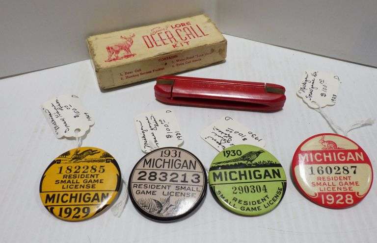 Michigan small game license pins, includes: 1928, 1929, 1930, and 1931 ...