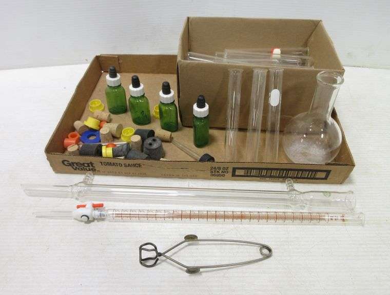 Test tubes and other misc. items from old chemistry set, up to 17"H ...