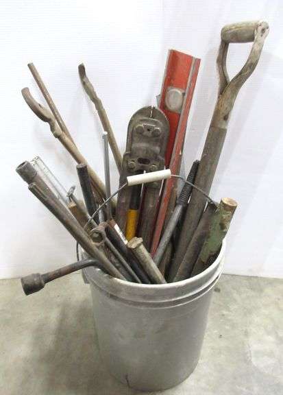 Bucket of tools, include: Bolt cutters, Steel rods and Pins, Shovel ...
