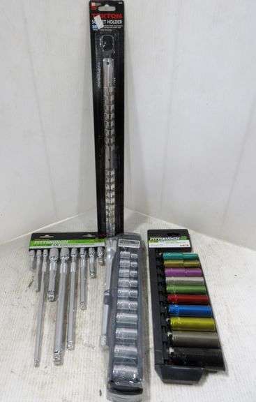 Various tools, includes: 11-Piece socket/ratchet set, 3/8" Socket nail ...