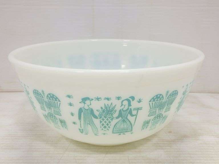 Pyrex turquoise Butterprint 403 bowl, pattern has wear to bottom, shows ...