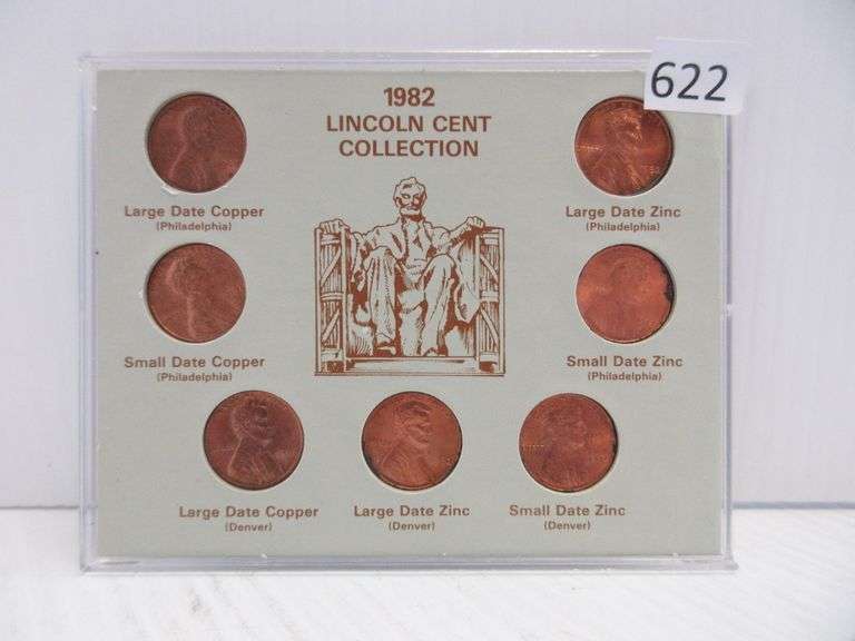 1982 Lincoln penny set, large and small dates, includes (4) Zinc and (3 ...