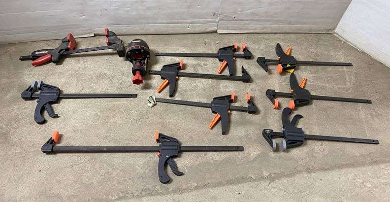 (8) Ratcheting bar clamps and bench mounted clamp vise: Seven- 12" and ...