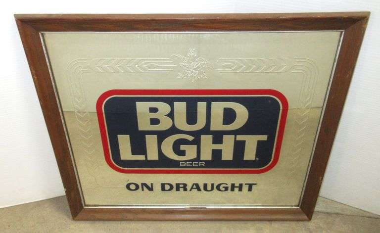 Older Bud Light on Draught Mirror Sign, 22"W x 18"H, frame has wear ...